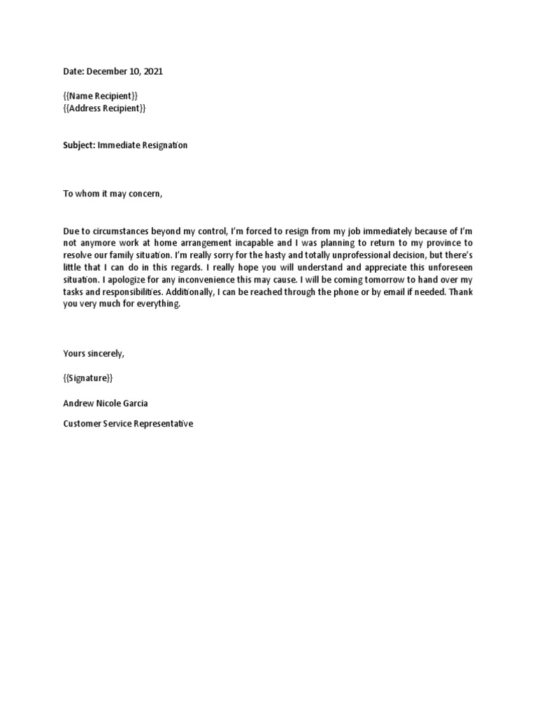 Subject: Immediate Resignation | PDF