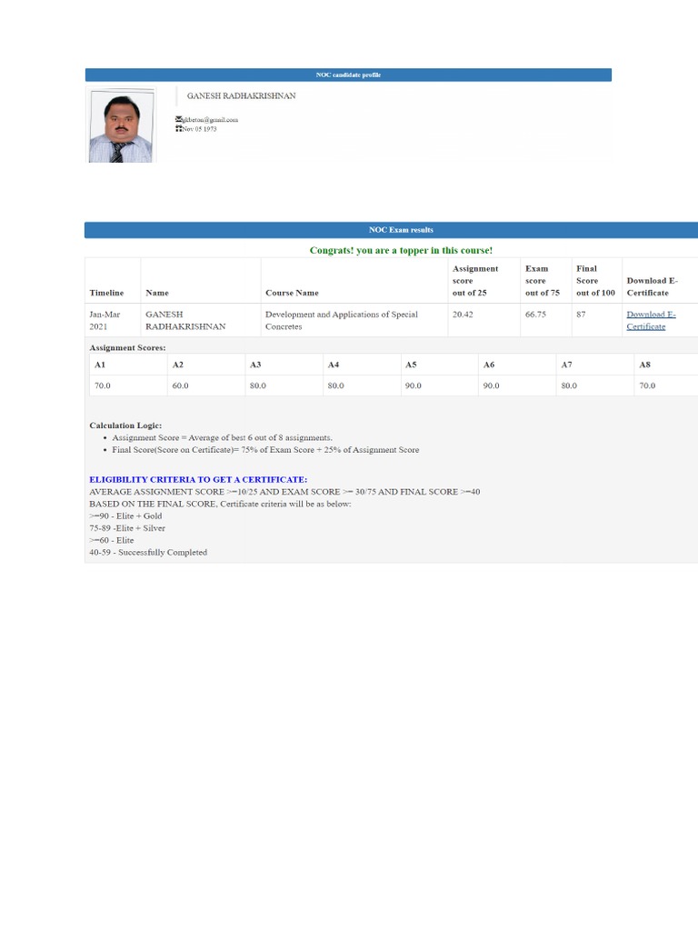 Nptel Course Certificate Details | PDF