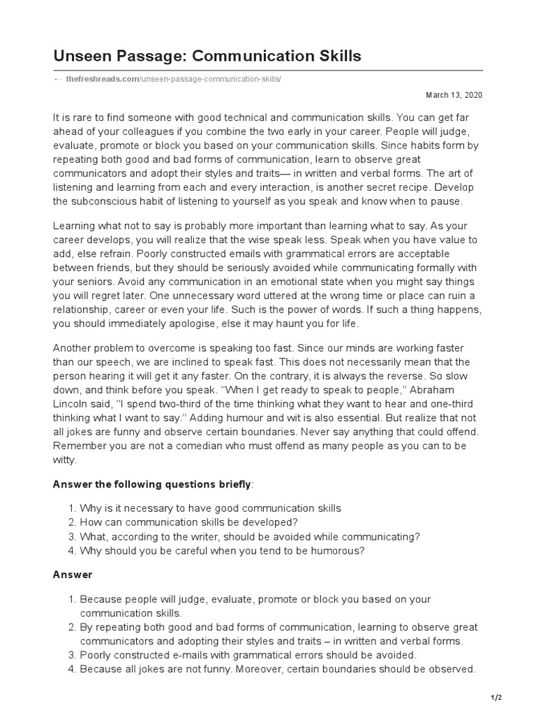 Unseen Passage: Communication Skills: Answer The Following Questions ...
