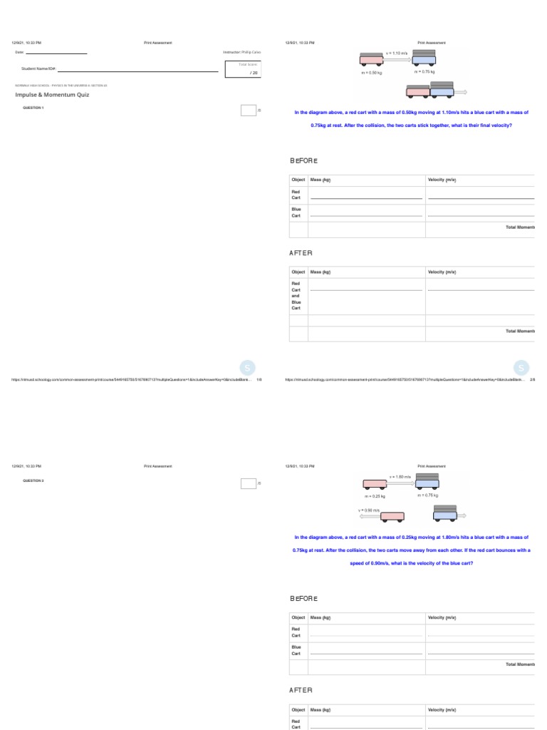 Impulse & Momentum Quiz: Before | PDF | Momentum | Airbag