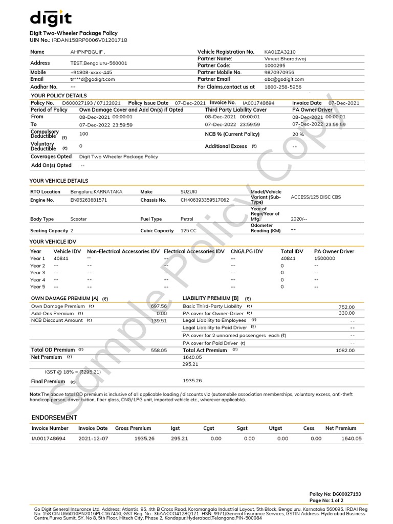 Sample Policy Copy: Digit Two-Wheeler Package Policy UIN No ...