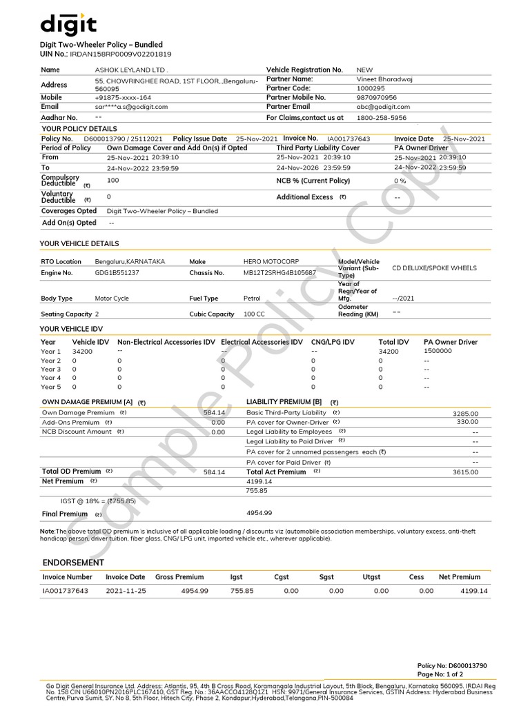 Digit Third Party Bike Insurance Policy | PDF | Insurance | Business Law