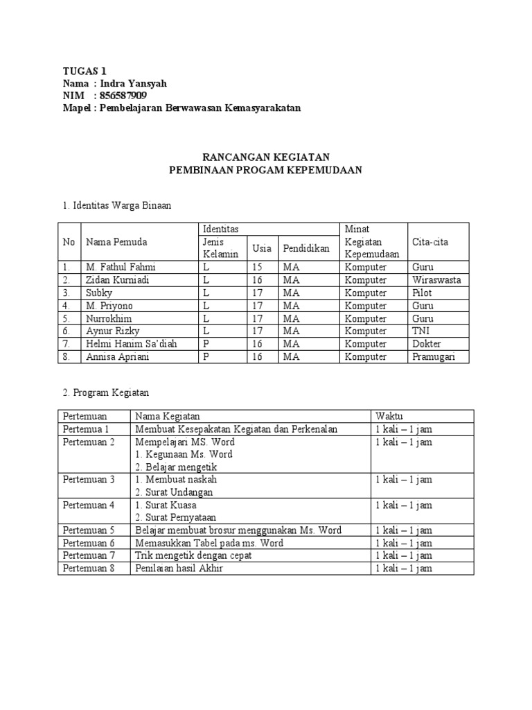 Rancangan Kegiatan Pembimbingan Progam Kepemudaan | PDF