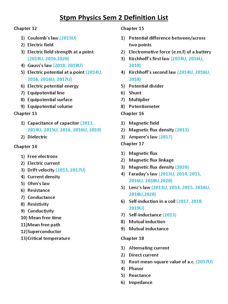 STPM Physics Sem 2 Definition List | PDF | Electrical Resistivity And ...