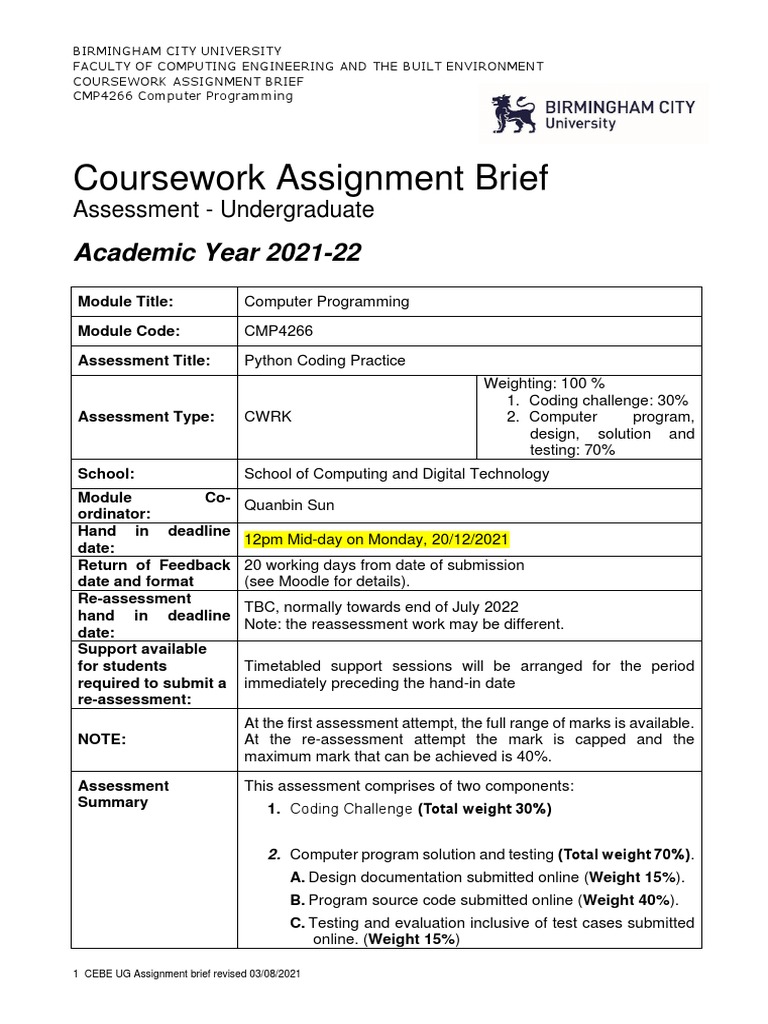 CMP4266 CWRK Assessment Brief 2022 | PDF | Computer Programming ...