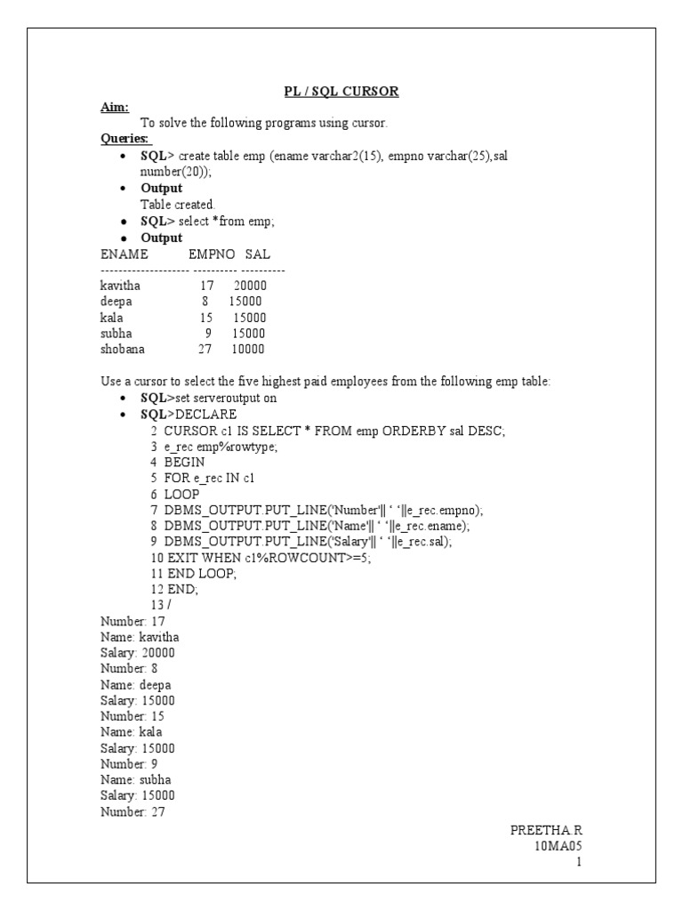 PL / SQL Cursor Aim: Queries | PDF | Pl/Sql | Software