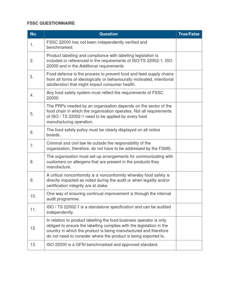 No. True/False: FSSC Questionnaire | PDF | Food Safety | Business