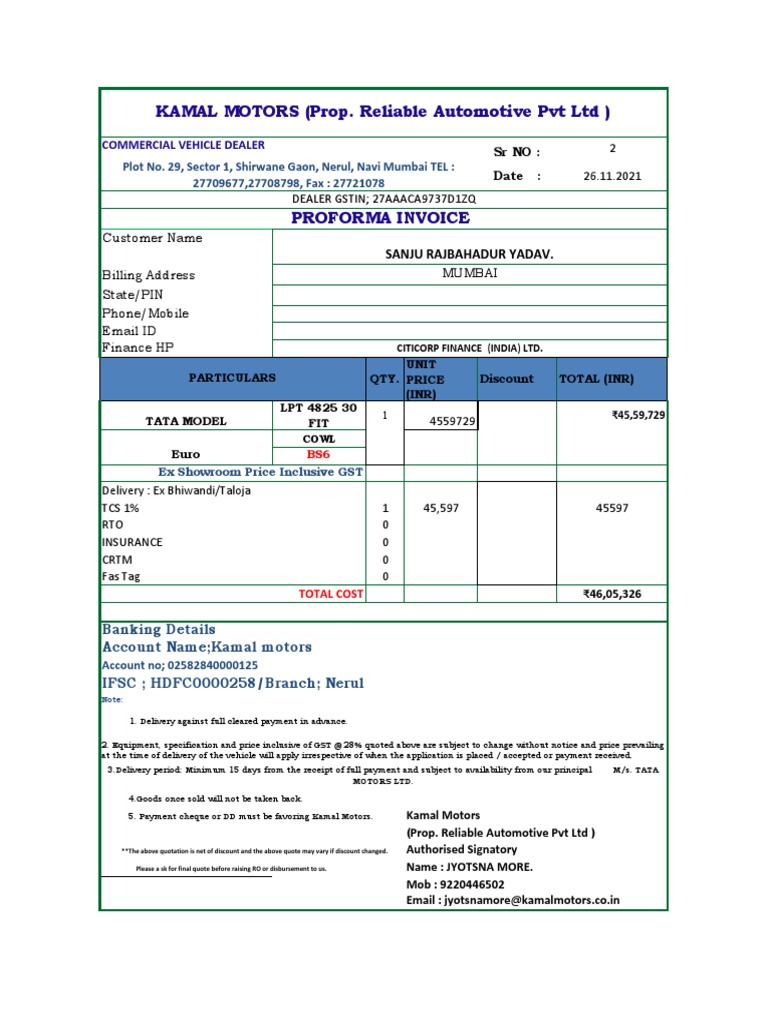 Proforma Invoice from Kamal Motors for the Sale of a Tata LPT 4825 30 ...