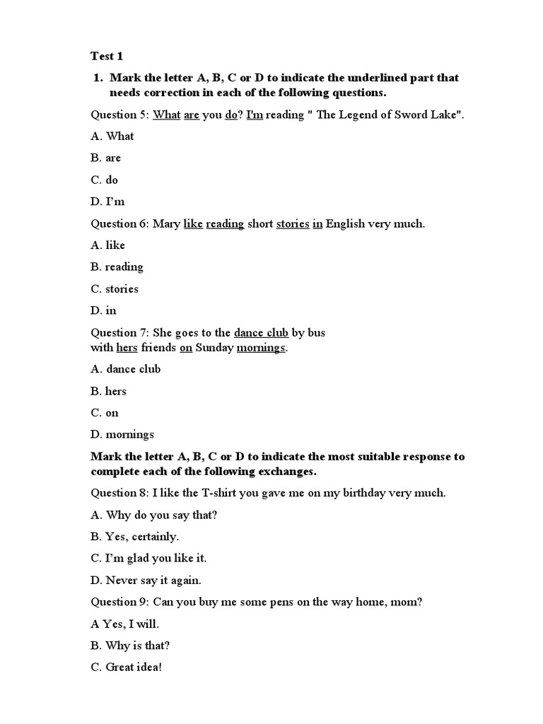 Test 1 1. Mark The Letter A, B, C or D To Indicate The Underlined Part ...