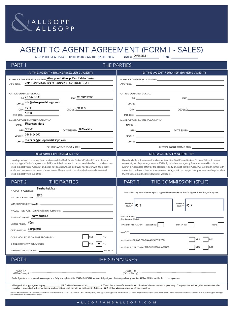 Agent To Agent Agreement (Form I - Sales) : The Parties | PDF | Real ...