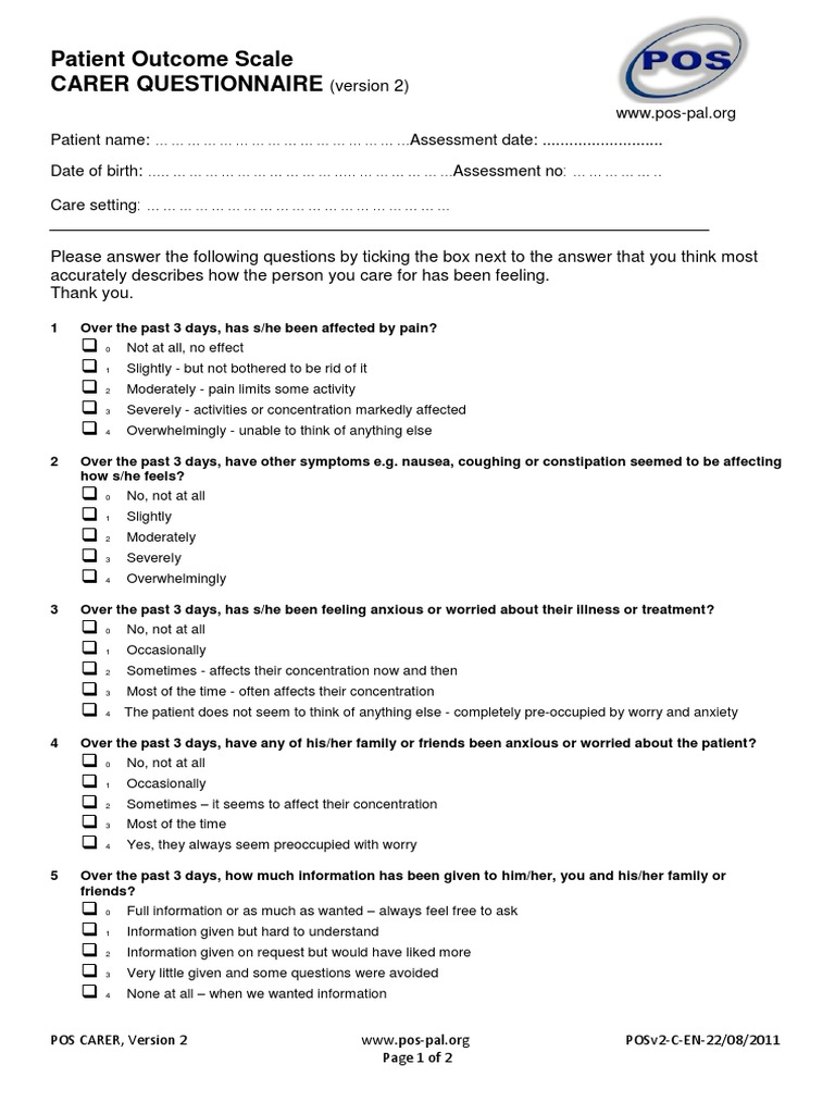 Patient Outcome Scale Carer Questionnaire: (Version 2) | Download Free ...