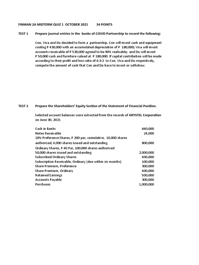Finman 2A Midterm Quiz 1 October 2021 34 Points Test 1 Prepare Journal ...