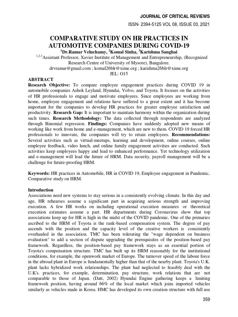 Comparative Study On HR Practices In Automotive Companies During COVID