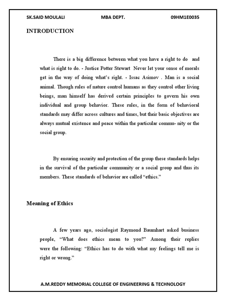 SK - Said Moulali Mba Dept. 09HM1E0035 | PDF | Business Ethics | Morality