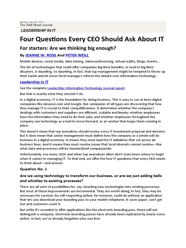 Four Questions Every CEO Should Ask About IT | PDF | Economies ...