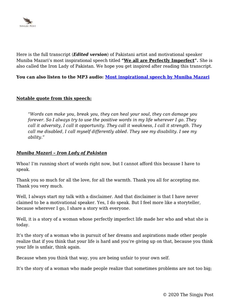 Most Inspirational Speech by Muniba Mazari Full Transcript | PDF ...