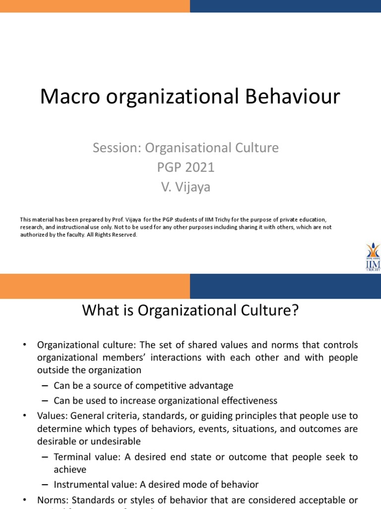 Macro Organizational Behaviour: Session: Organisational Culture PGP ...