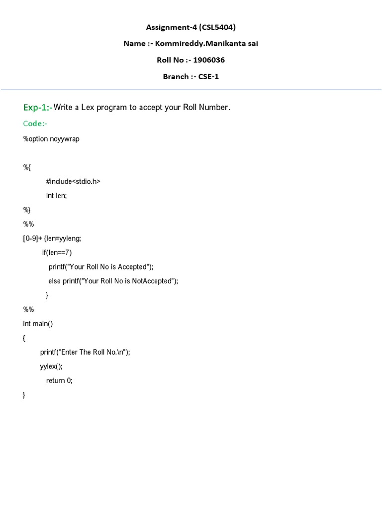 Write A Lex Program To Accept Your Roll Number.: Code | PDF