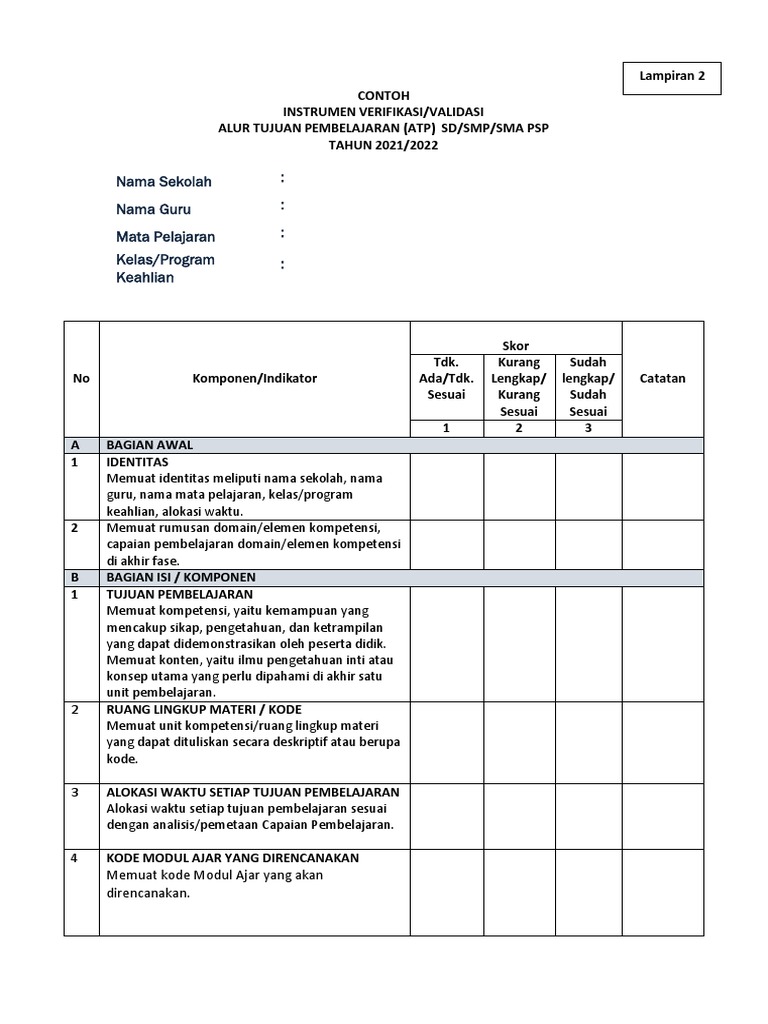 Contoh Instrumen Verval Atp SD SMP Sma | PDF