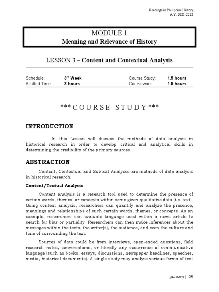 Lesson 3 - Content and Contextual Analysis: Meaning and Relevance of ...