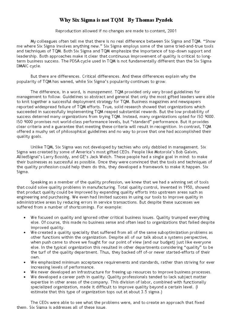 TQM SS Compare | PDF | Six Sigma | Business Process