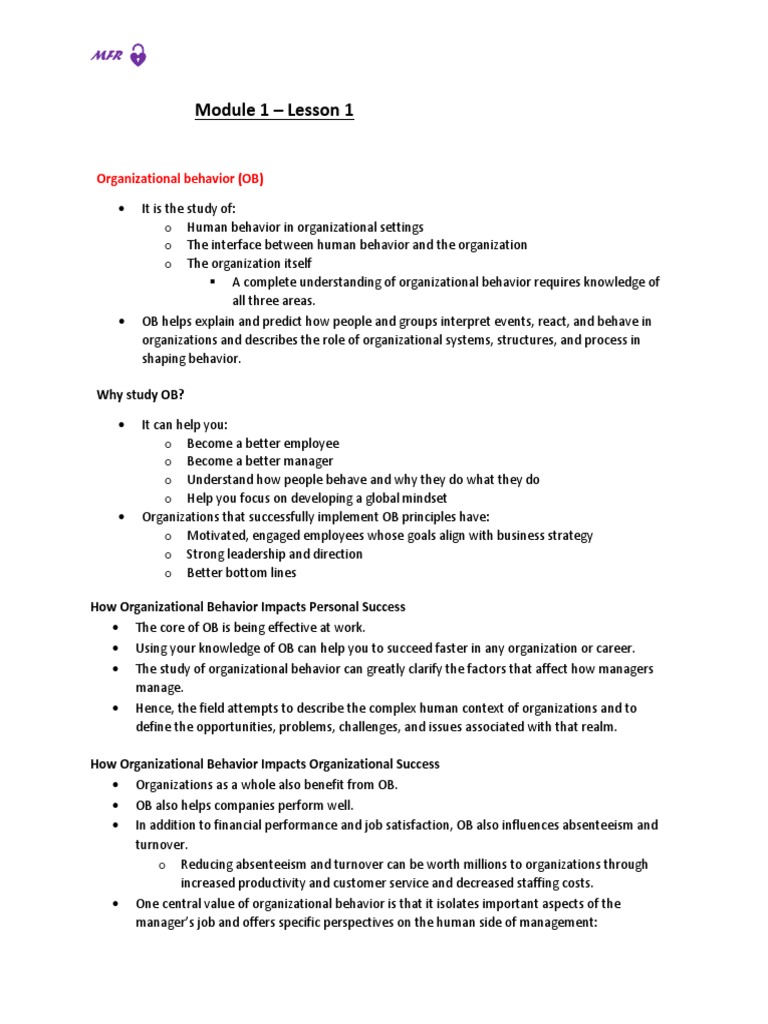 HBO - Module 1 Lesson 1 | PDF | Organizational Behavior | Competitive ...