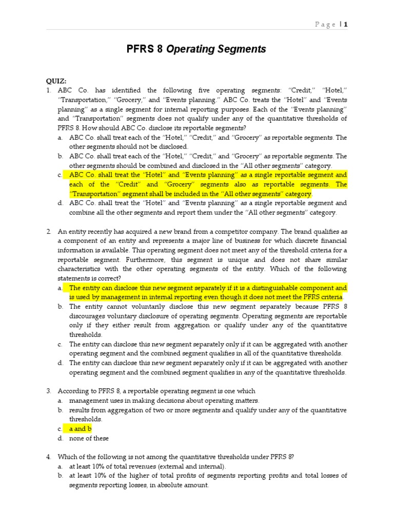 PFRS 8 Operating Segments: Quiz | PDF | Revenue | Market (Economics)