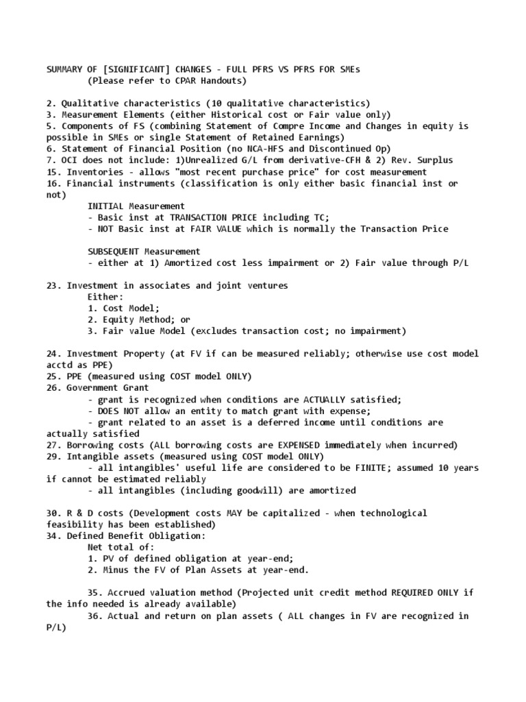 Summary of Significant Changes - Full PFRS Vs PFRS For SMEs | PDF