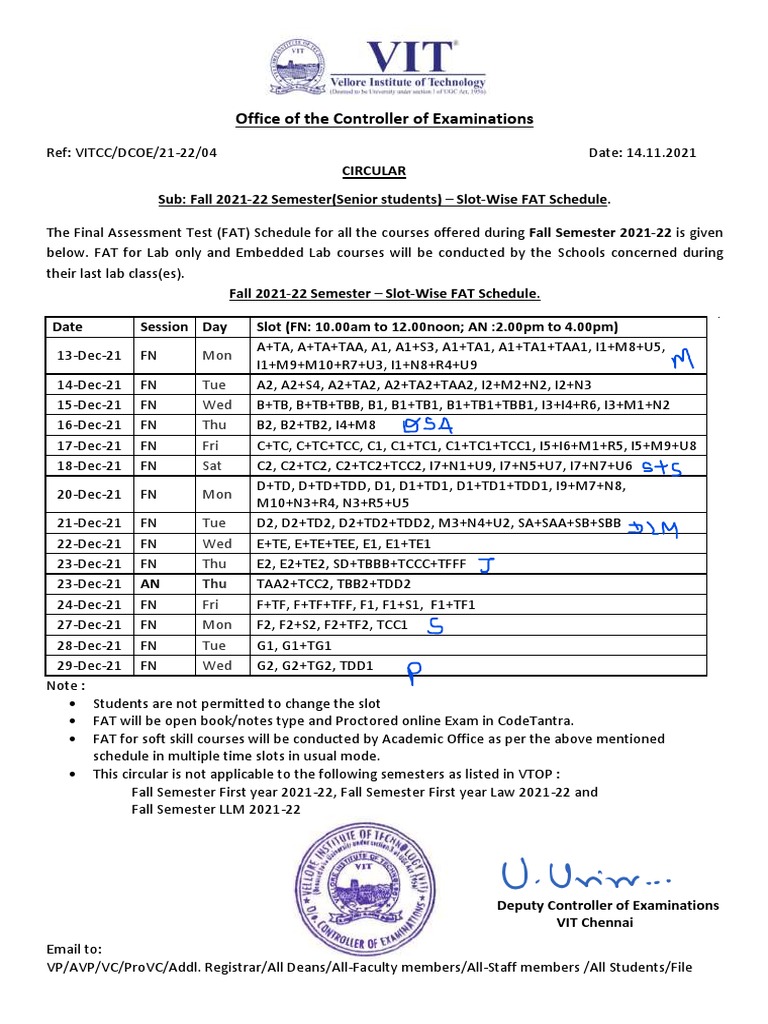 Fall Semester 2021-22 FAT Schedule | PDF | Qualifications | Schools