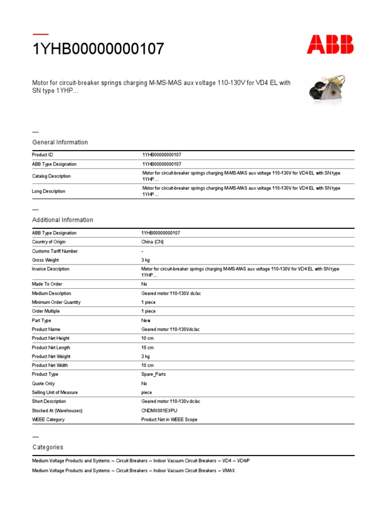 ABB VD4 Spring Charging Motor Details | PDF | Science & Mathematics ...
