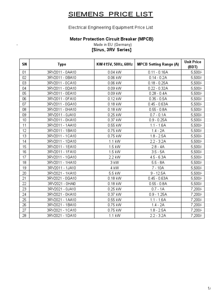 Siemens MPCB Price List - Kholifa Engineering | PDF | Watt | Electrical ...