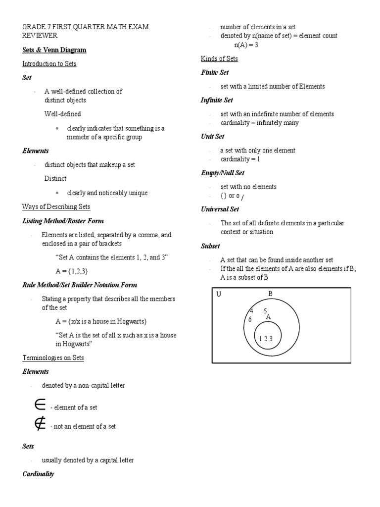 Grade 7 First Quarter Math Exam Reviewer | PDF | Set (Mathematics ...