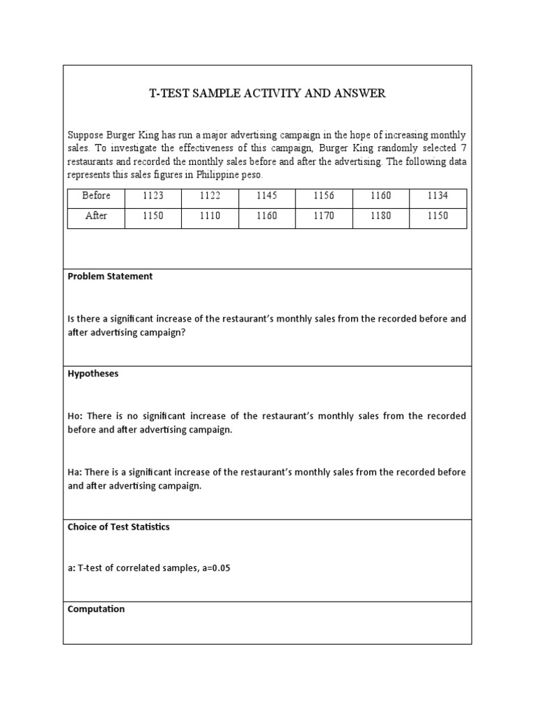 T-Test Sample Activity and Answer | PDF | P Value | Student's T Test