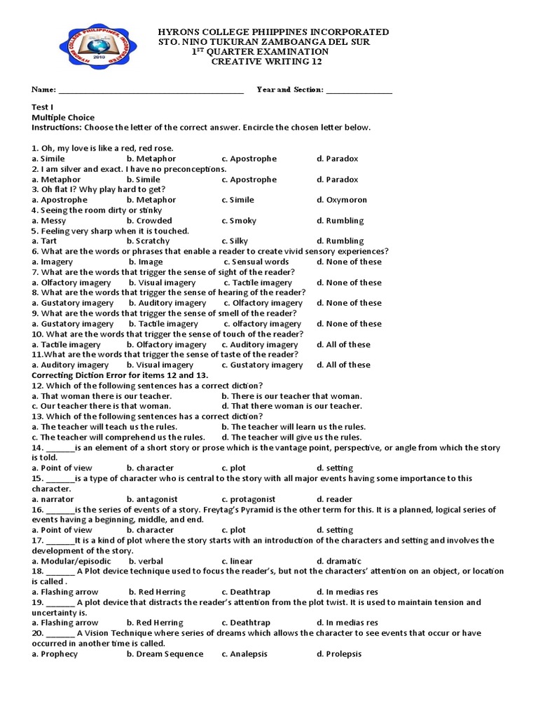 Grade 12 1st Quarter Examination | PDF | Plot (Narrative) | Senses