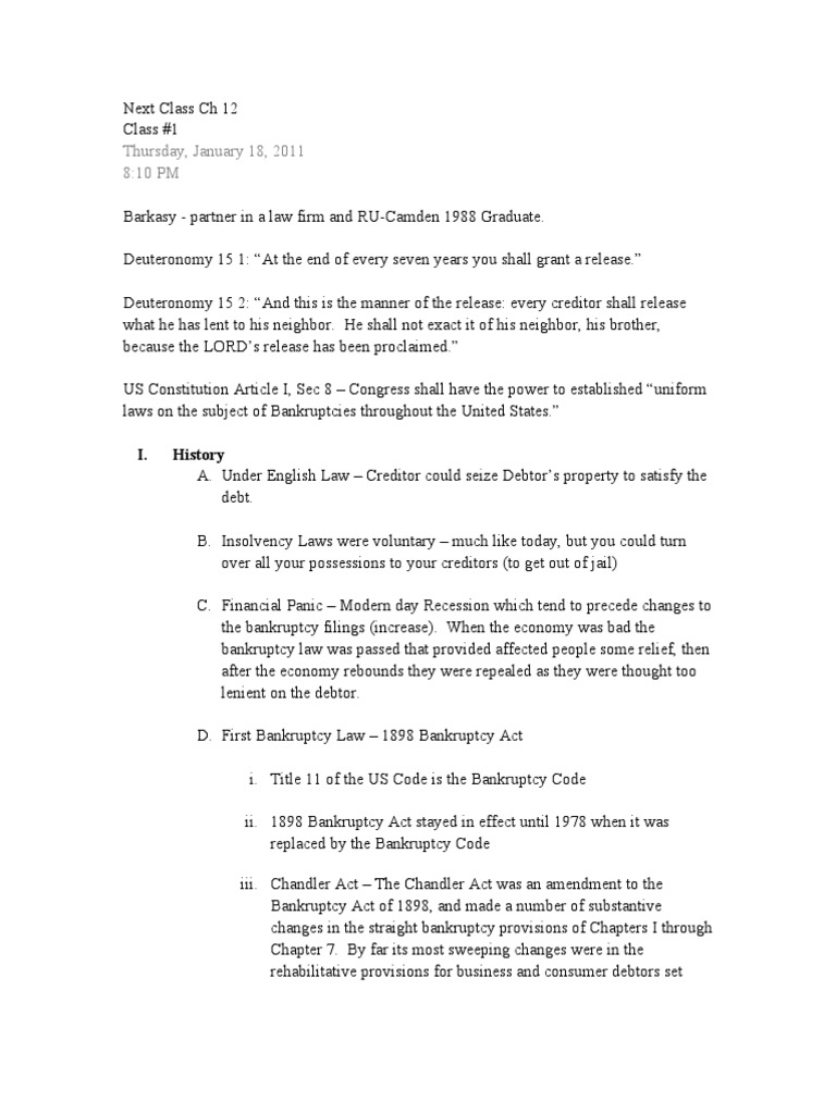 Bankruptcy Outline | PDF | Chapter 7 | Bankruptcy