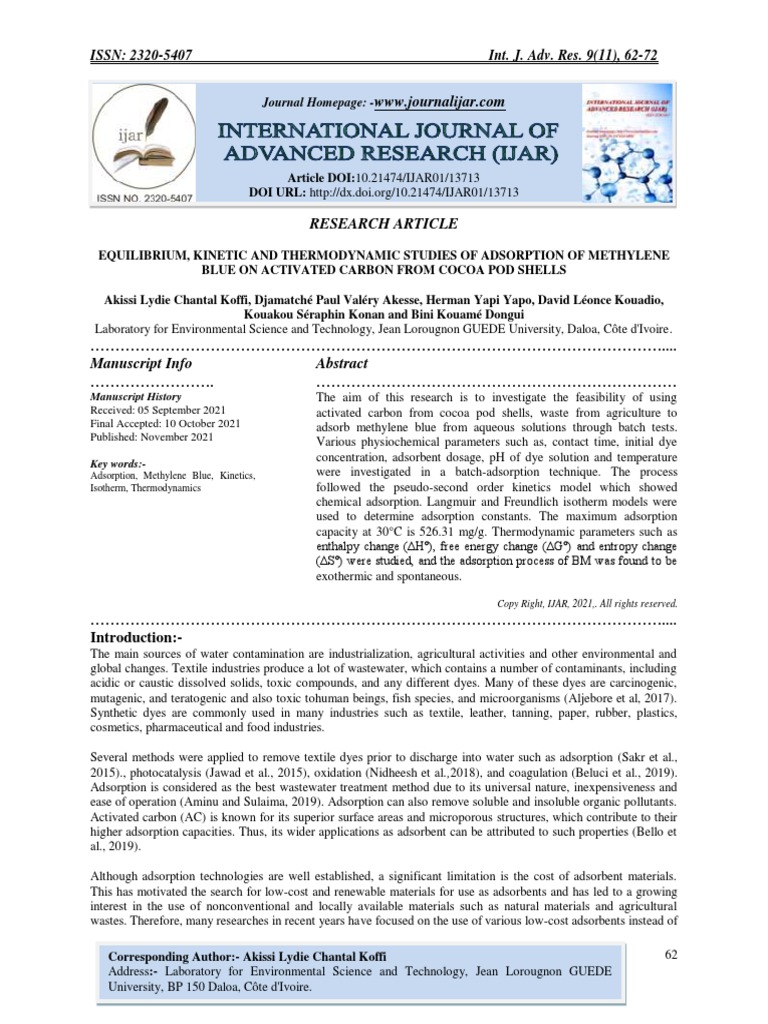 Equilibrium, Kinetic and Thermodynamic Studies of Adsorption of Methylene Blue On Activated ...