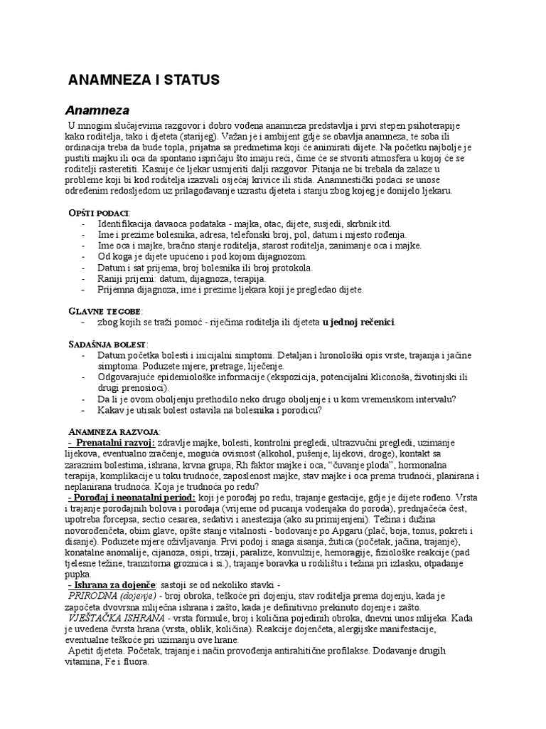 ANAMNEZA I STATUS, Djeca | PDF