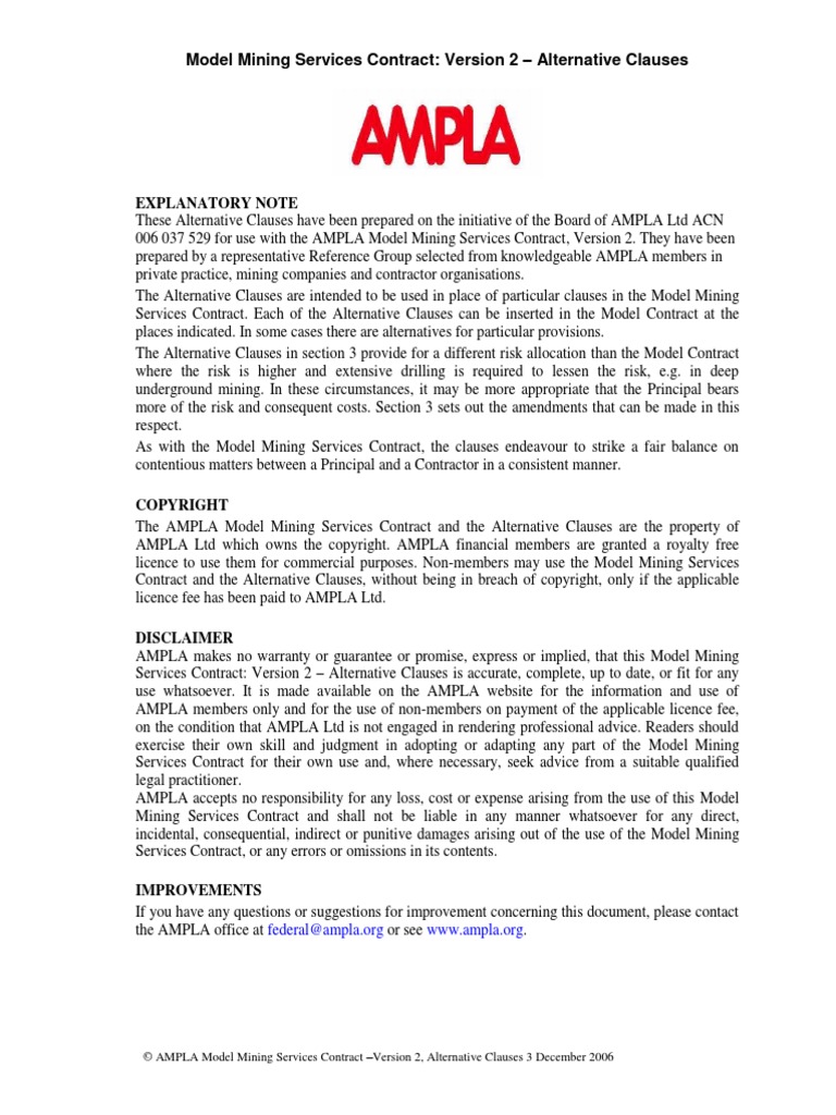 Mining (Misc) - Model Form Mining Services Contract Alternative Clauses (v2) (AMPLA 2006) en ...
