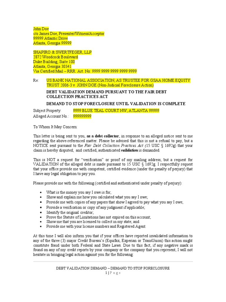 Debt Validation Letter - Trustee - SAN | PDF | Foreclosure | Credit History