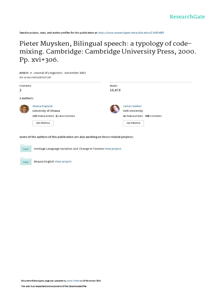 A Review of Pieter Muysken's Bilingual speech: a typology of code ...