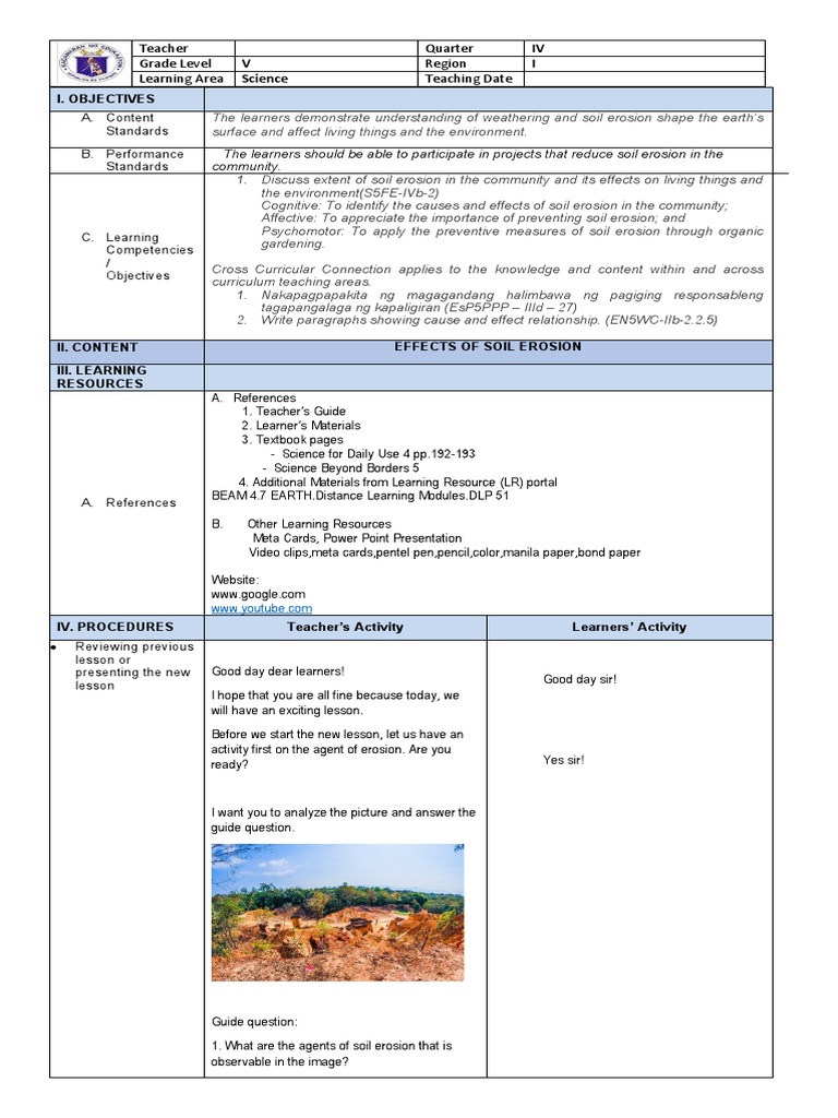 Grade 5 Soil Erosion Lesson Plan | PDF | Learning | Soil