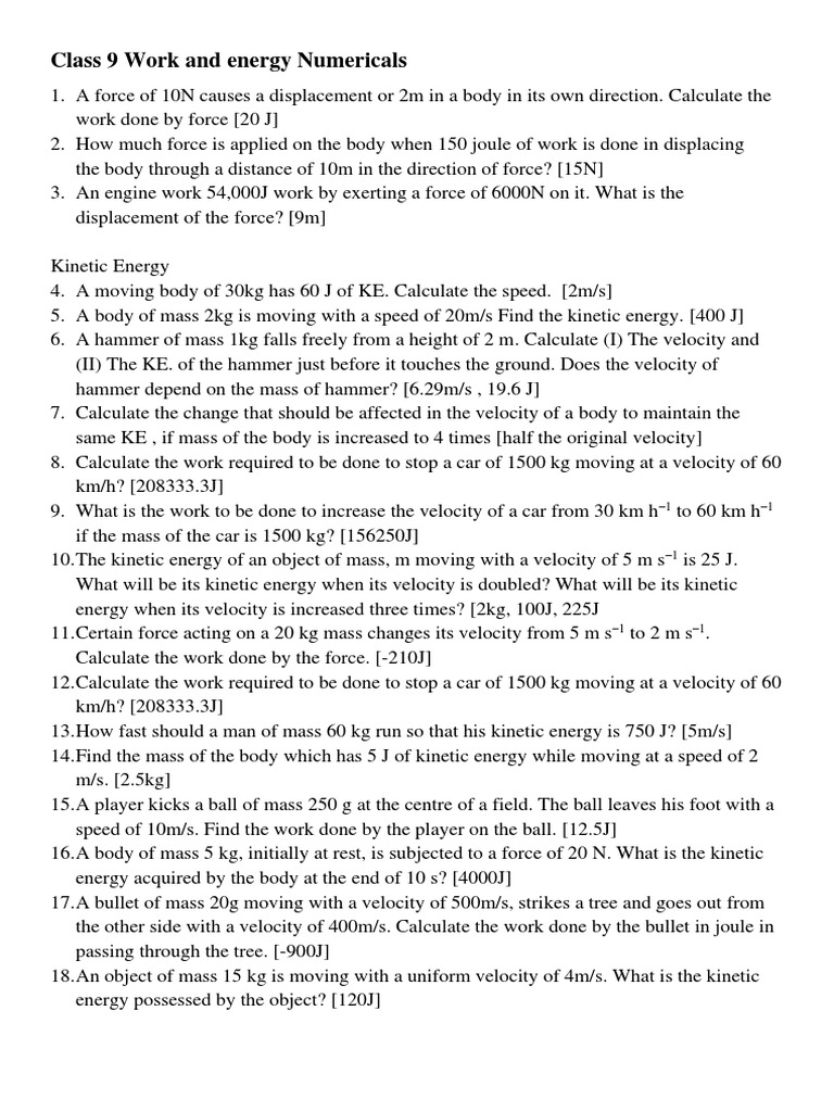 Class 9 Work and Energy Numericals | PDF | Kinetic Energy | Potential ...