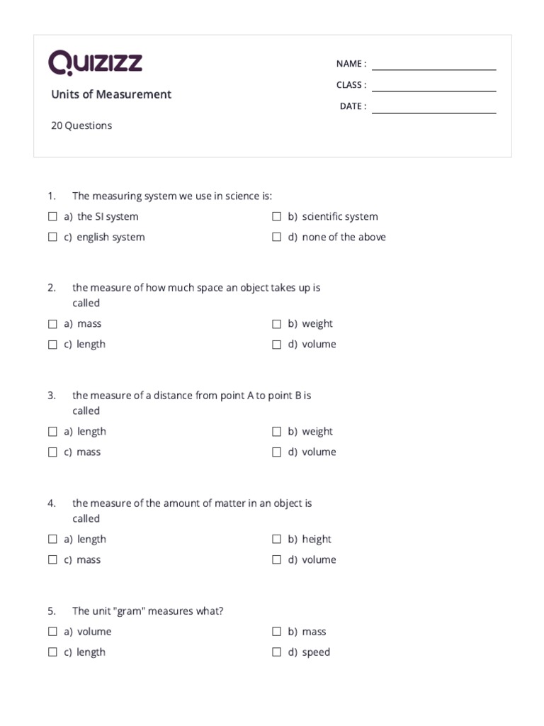 Units of Measurement - Print - Quizizz | PDF | Measurement | Volume