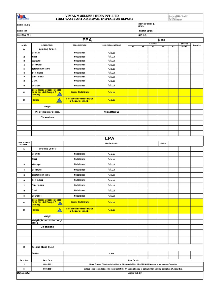 First/Last Part Approval Inspection Report for Part Name and Number ...