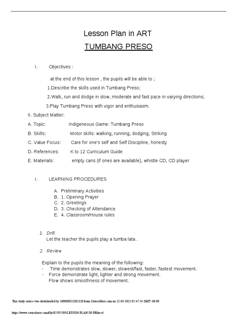Lesson Plan in P.E | PDF | Lesson Plan | Learning