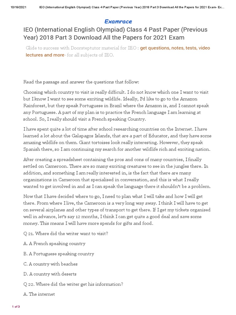 IEO (International English Olympiad) Class 4 Past Paper (Previous Year ...