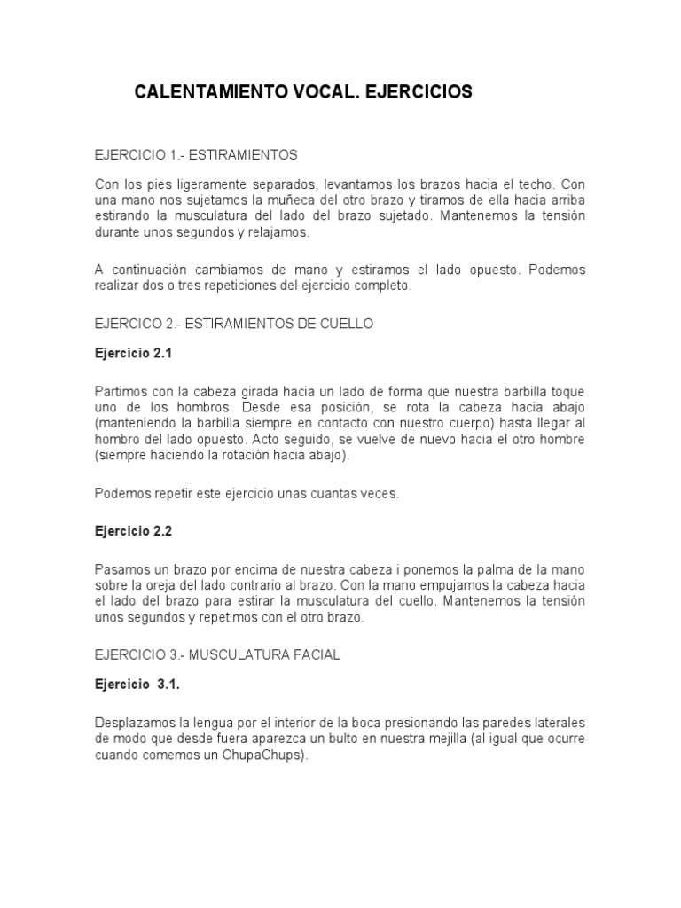 Ejercicios De Calentamiento Vocal Pdf Sonido Boca