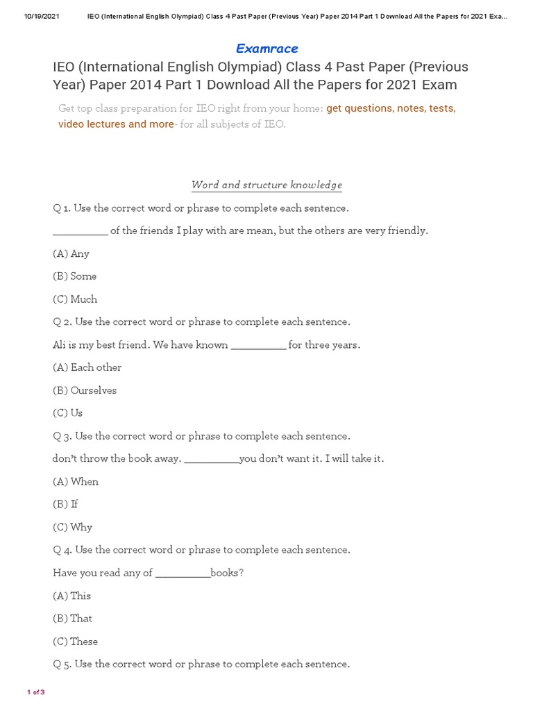 IEO Class 4 Paper 2014 Part 1 | PDF | Cognitive Science | Language ...