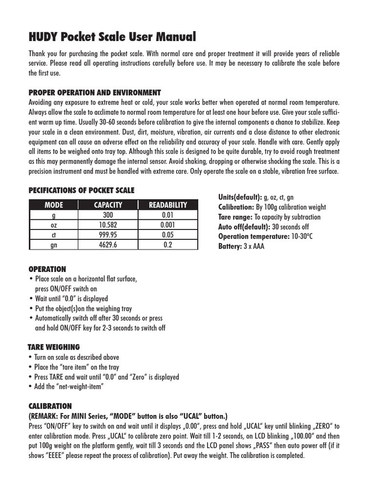 Hudy Pocket Scale User Manual Hudy Pocket Scale User Manual: Mode ...