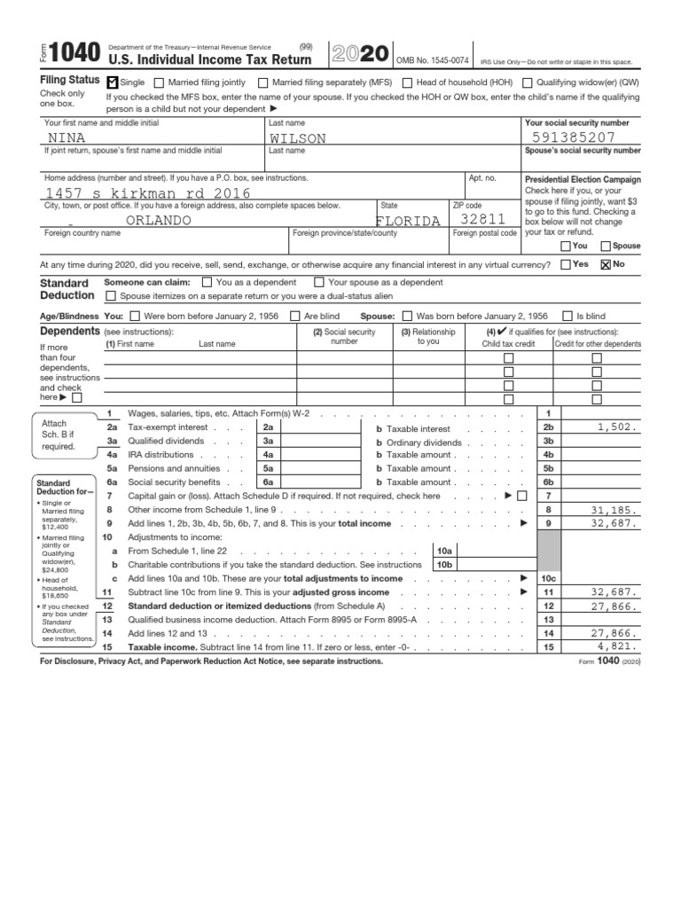 Nina's Tax Return 2020 | PDF | Tax Refund | Irs Tax Forms